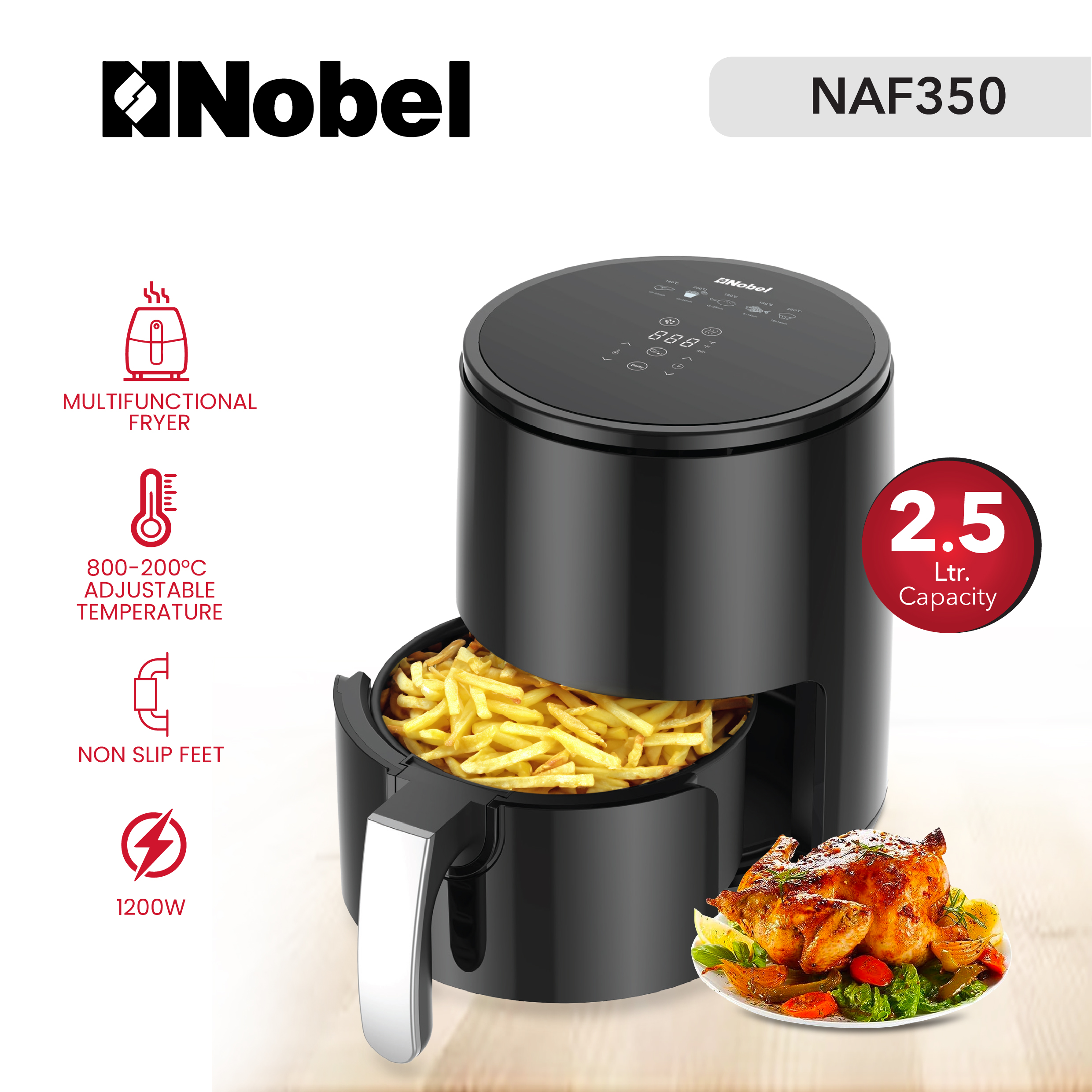 Nobel 2.5 Ltrs Multifunctional Air fryer with 6 Preset Programs ...